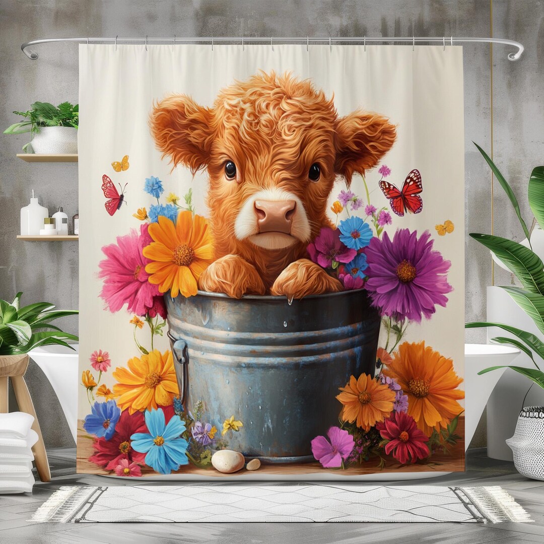 Cute Highland Cow Shower Curtain With Flowers, Adorable Farm Baby Cow ...