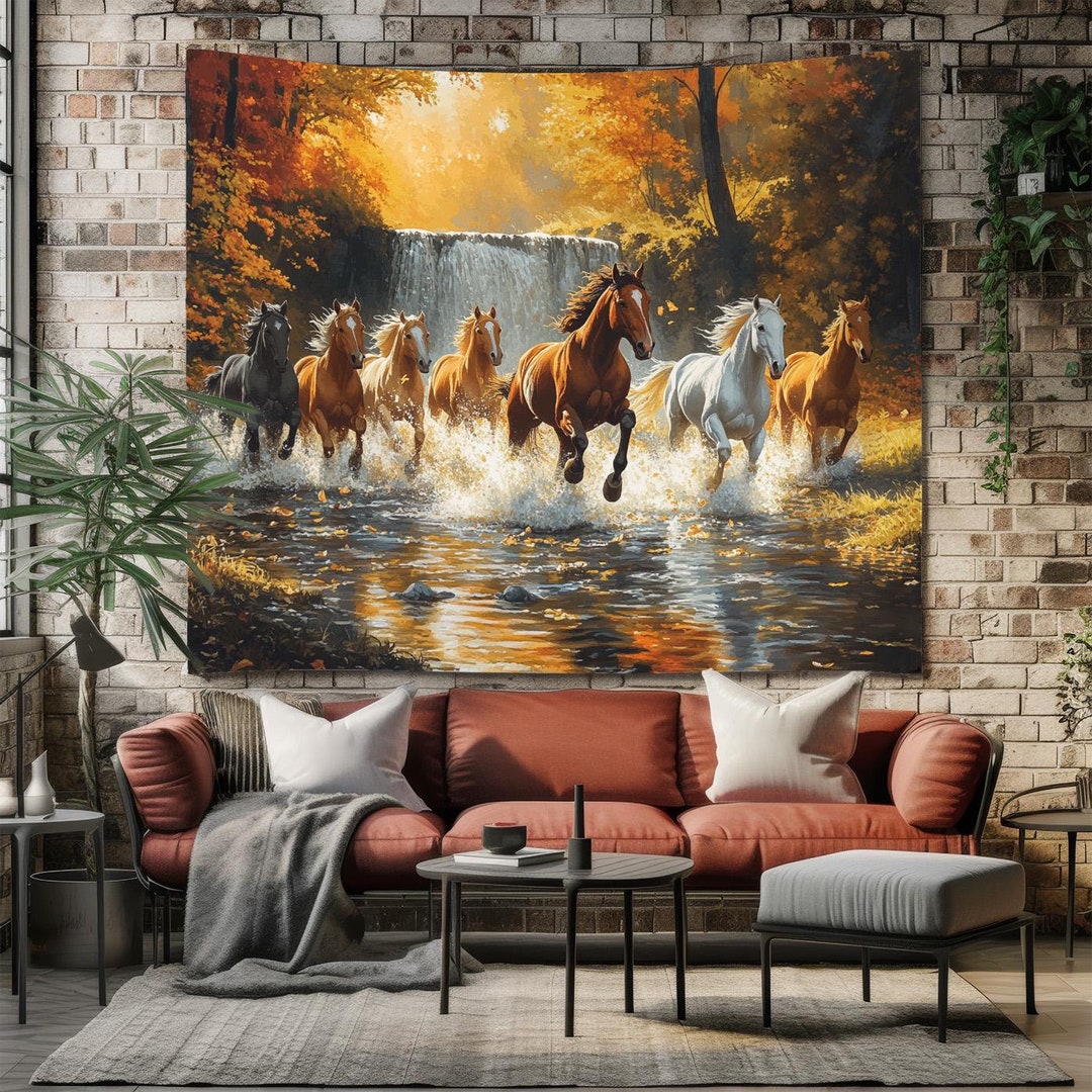 Wild Horses Tapestry, Running Horses Wall Hanging Art, Autumn Waterfall ...