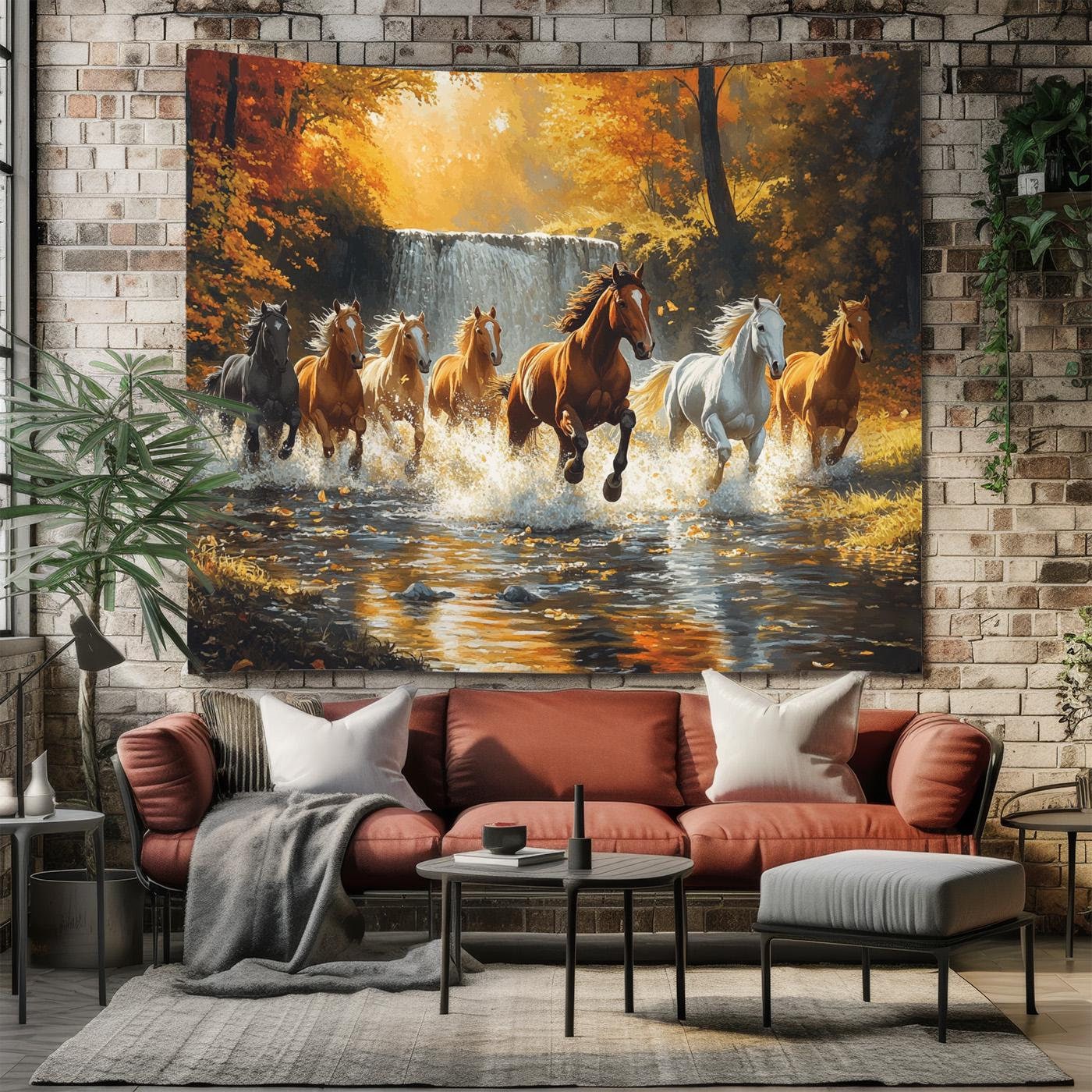 Wild Horses Tapestry, Running Horses Wall Hanging Art, Autumn Waterfall ...