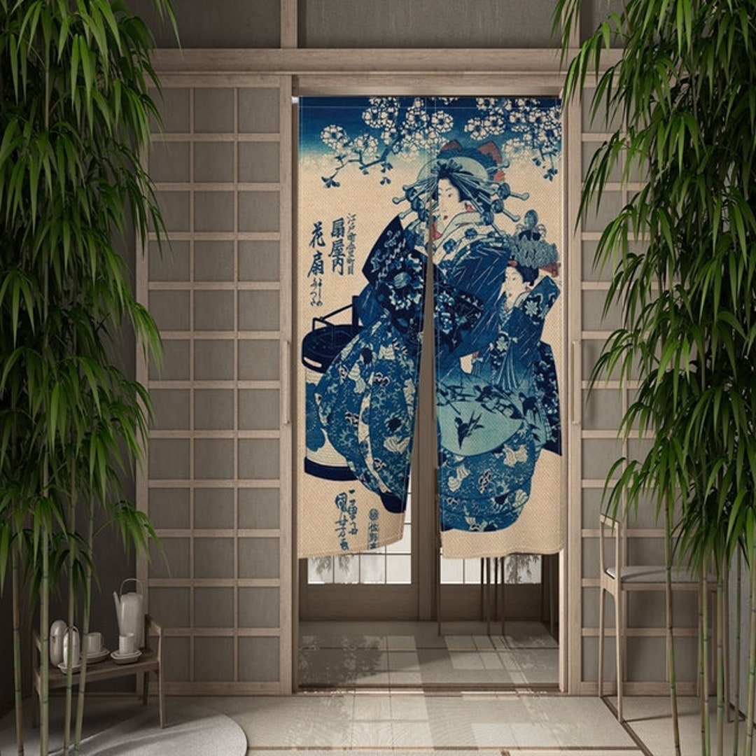 Japanese Door Curtain, Ukiyo-e Painting Doorway Curtain, Blue Noren ...