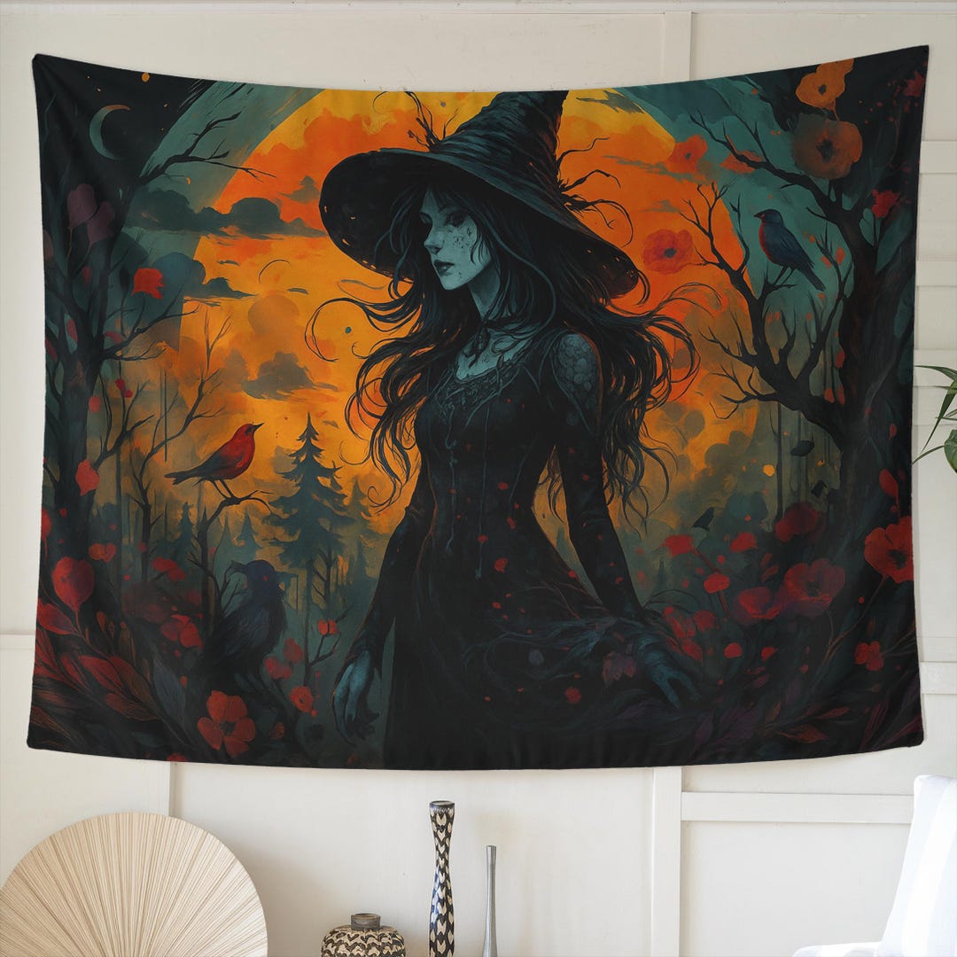 Gothic Witch Wall Tapestry – Dark Enchanted Forest Art With Ravens and ...