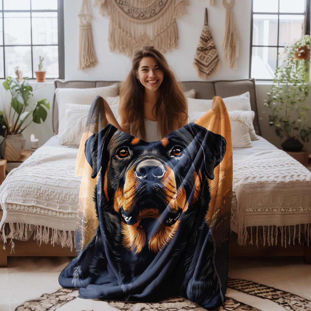 Rottweiler Dog Blanket – Realistic Pet Portrait Throw – Cozy Fleece ...