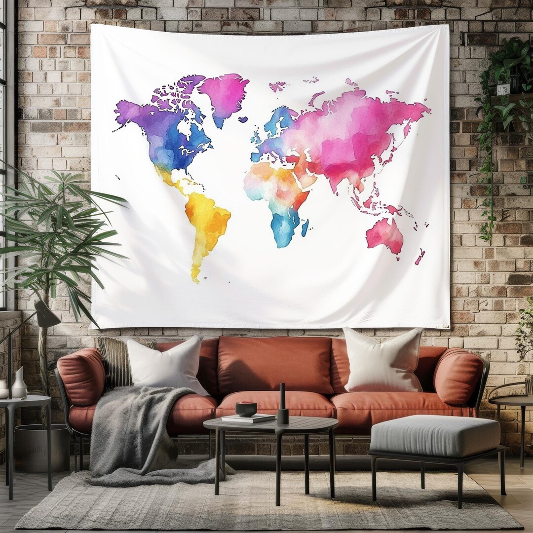 Watercolor World Map Wall Hanging Tapestry – Vibrant Travel-inspired ...