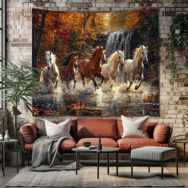 Wild Horses Tapestry, Running Horses Wall Hanging Art, Autumn Waterfall ...