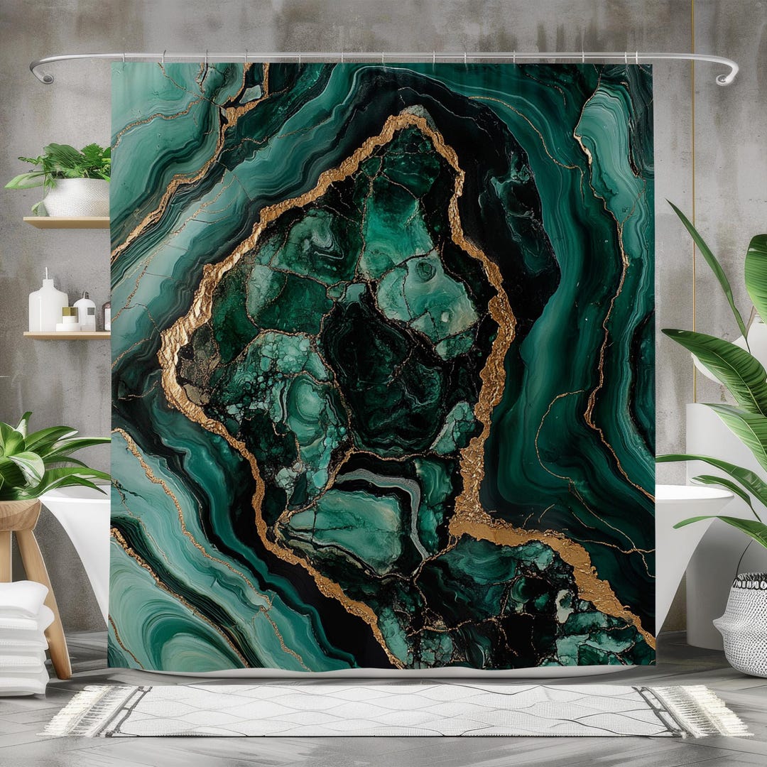 Emerald Green Marble Shower Curtain | Waterproof Fabric Bath Curtain ...