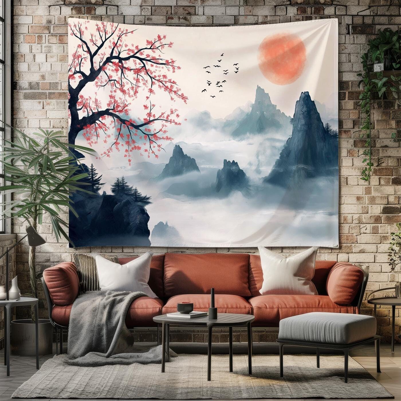 Japanese Red Sun and Cherry Blossom Wall Hanging Tapestry - Misty ...