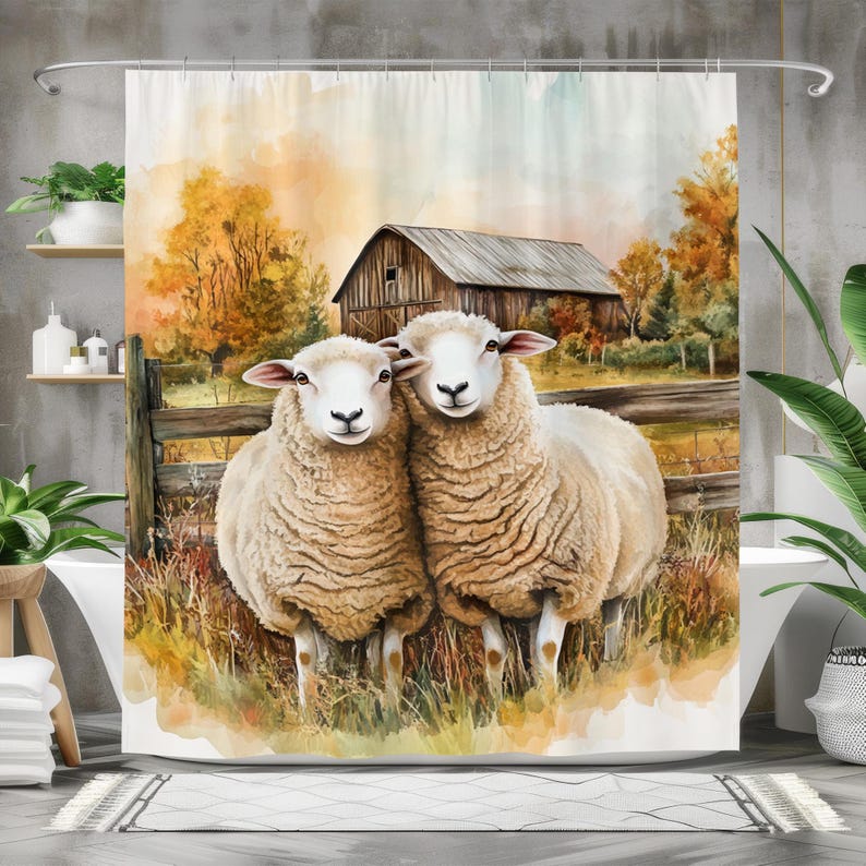 Farmhouse Sheep Bath Curtain - Rustic Bathroom Decor - Waterproof ...