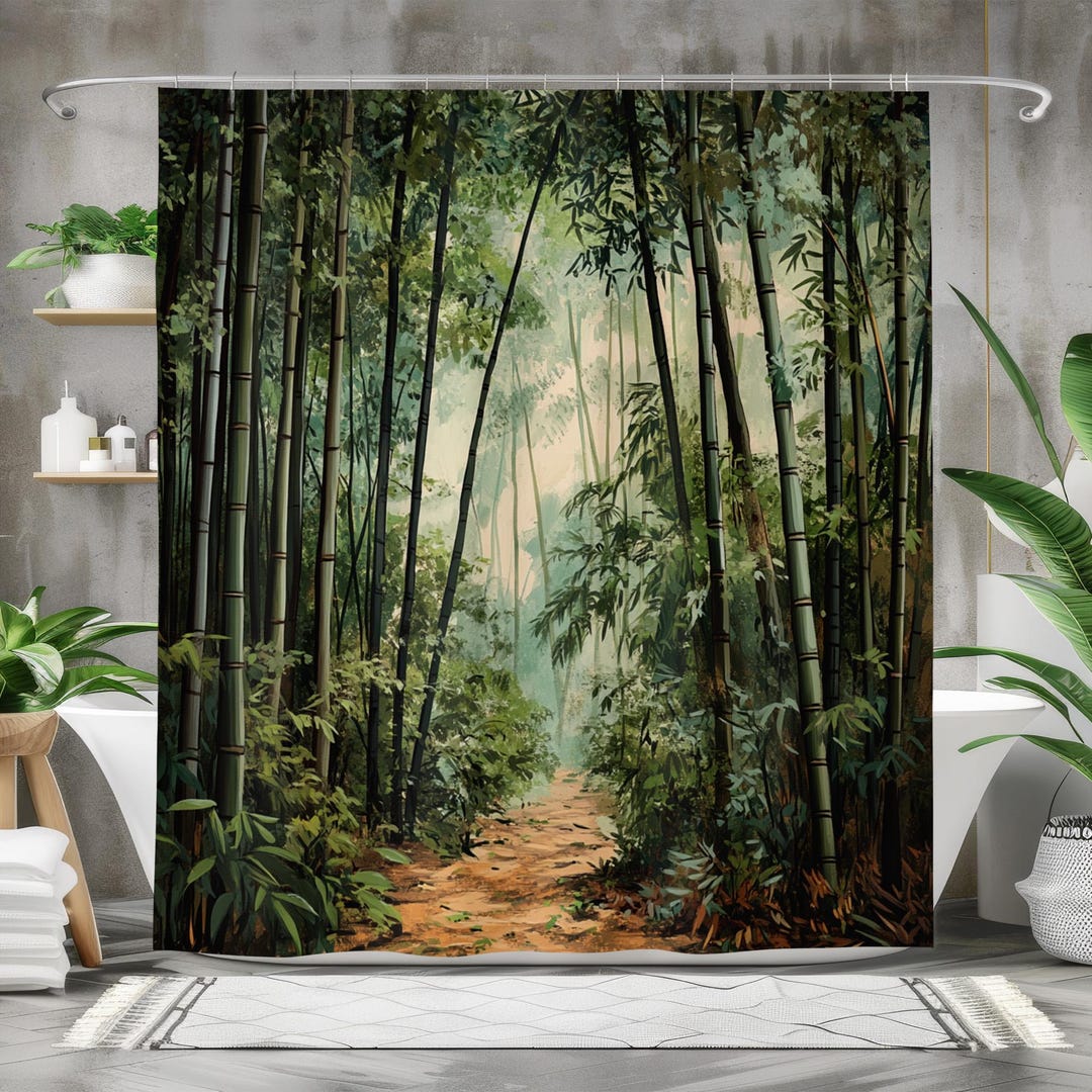 Lush Bamboo Path Bath Curtain - Nature Bathroom Decor - Waterproof ...