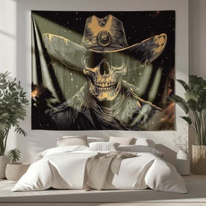 Cowboy Skull Tapestry, Western Skeleton Wall Art, Dark Gothic Cowboy ...