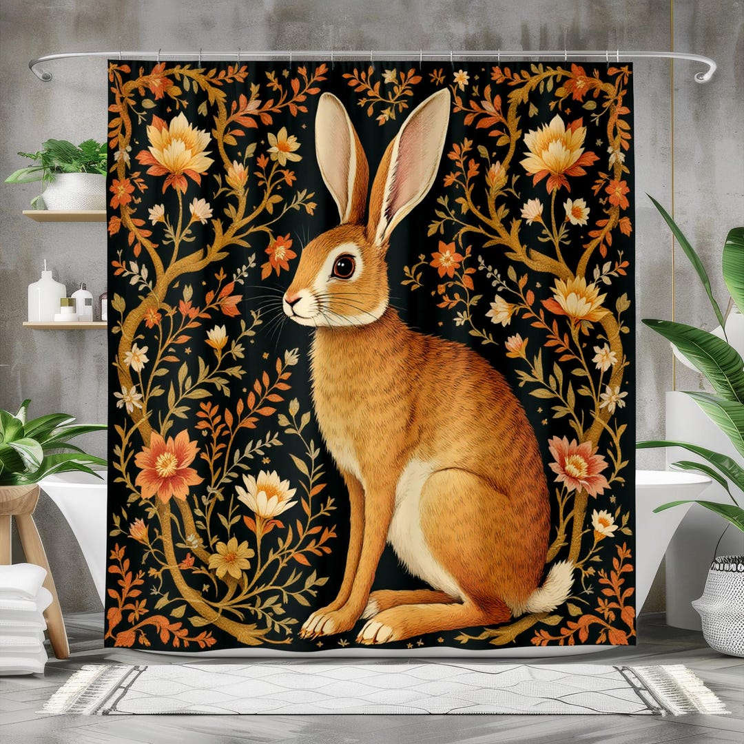 Woodland Rabbit Shower Curtain, Folk Art Hare Bathroom Decor, Autumn ...