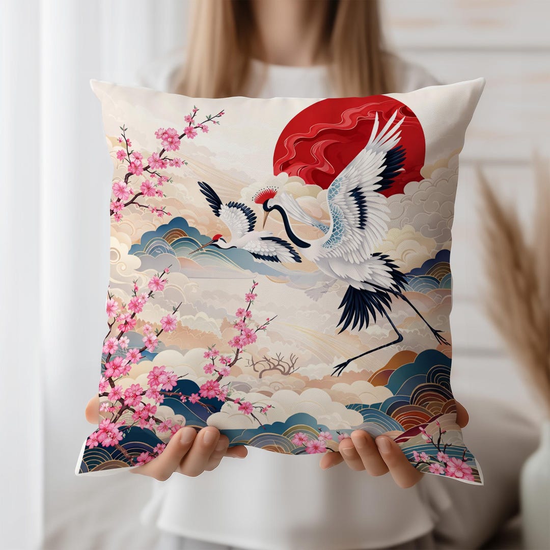 Japanese Crane Pillow Cover, Sakura Cushion, Double Sided Print ...