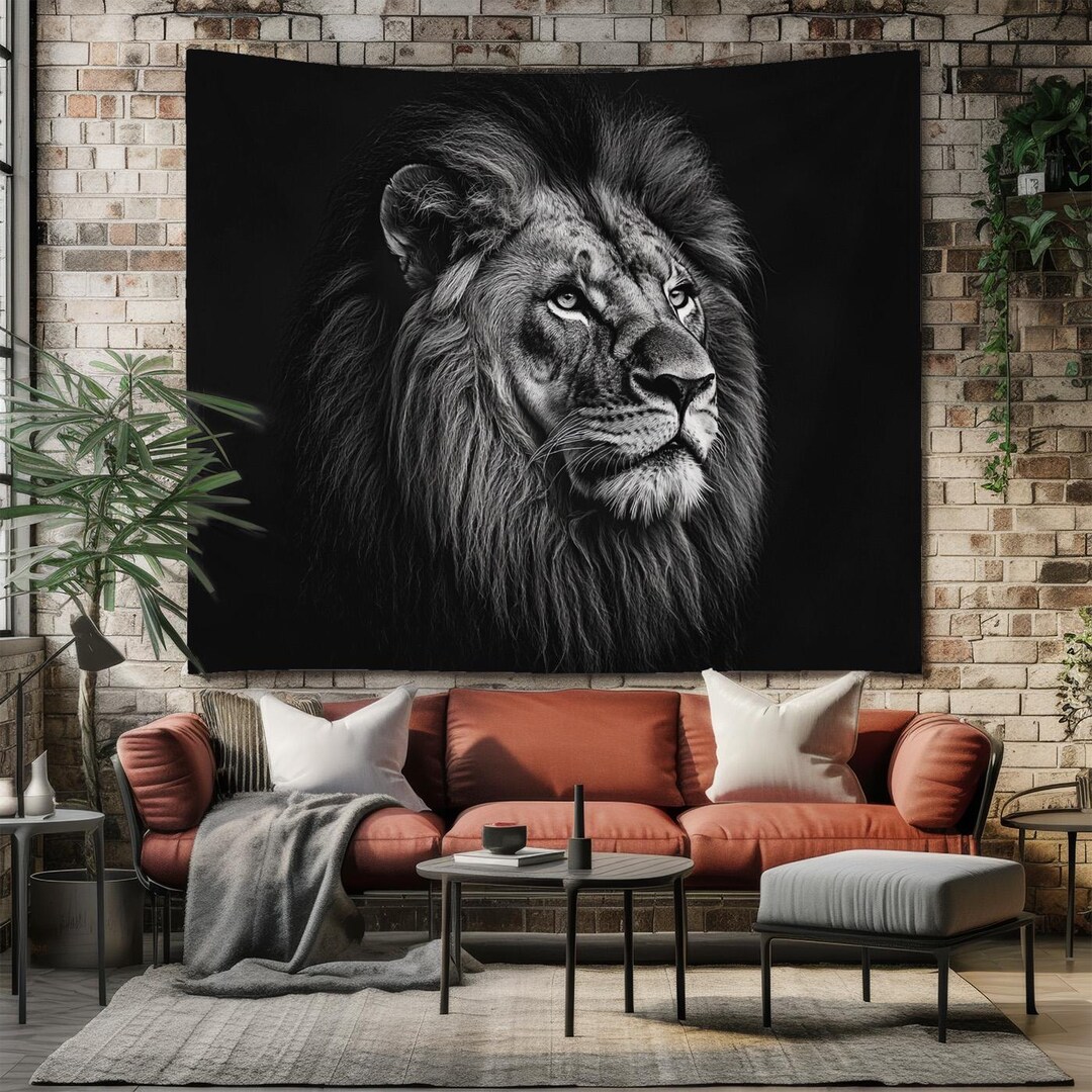 Black and White Lion Wall Tapestry | Regal Jungle King Portrait for ...
