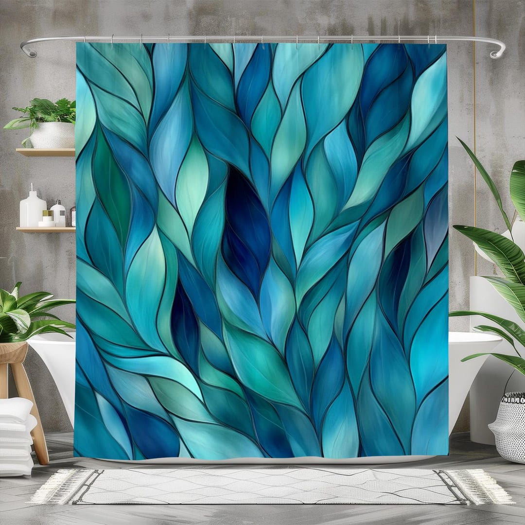 Blue Leaf Pattern Shower Curtain, Waterproof Fabric Bath Curtain ...