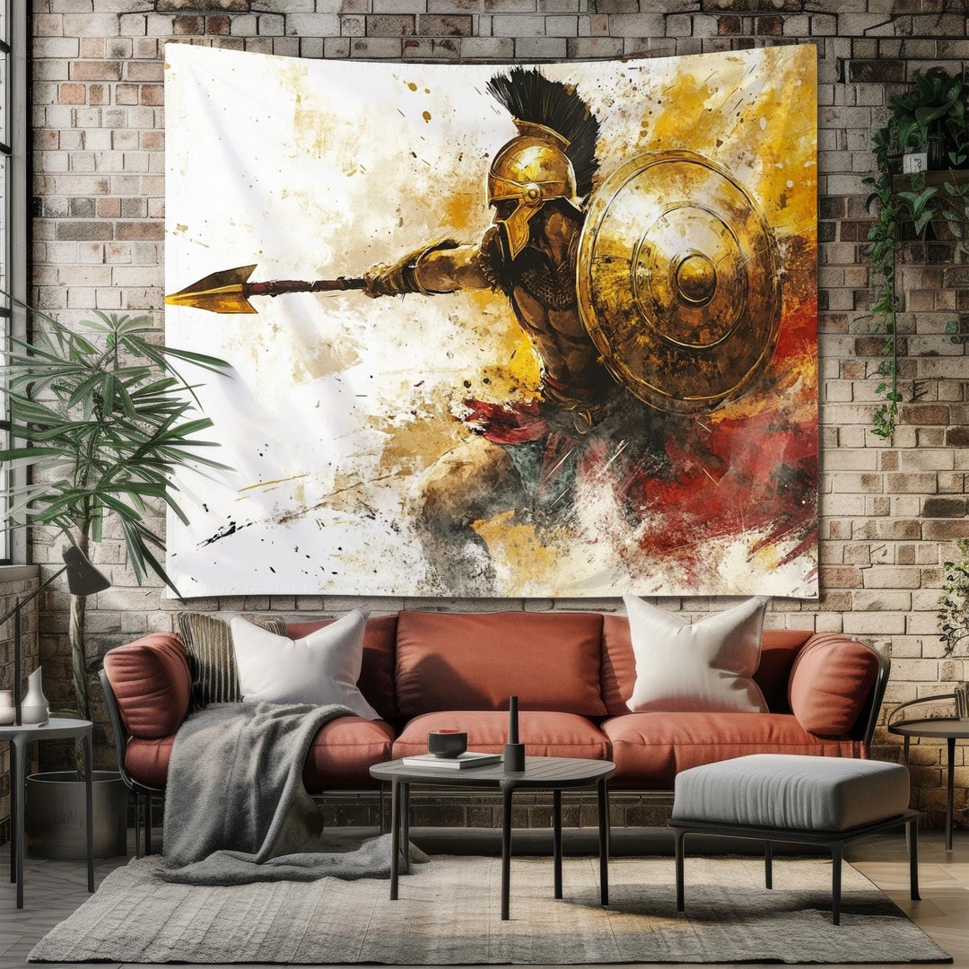 Spartan Warrior Tapestry | Bold Ancient Greek Spear and Shield Wall Art ...