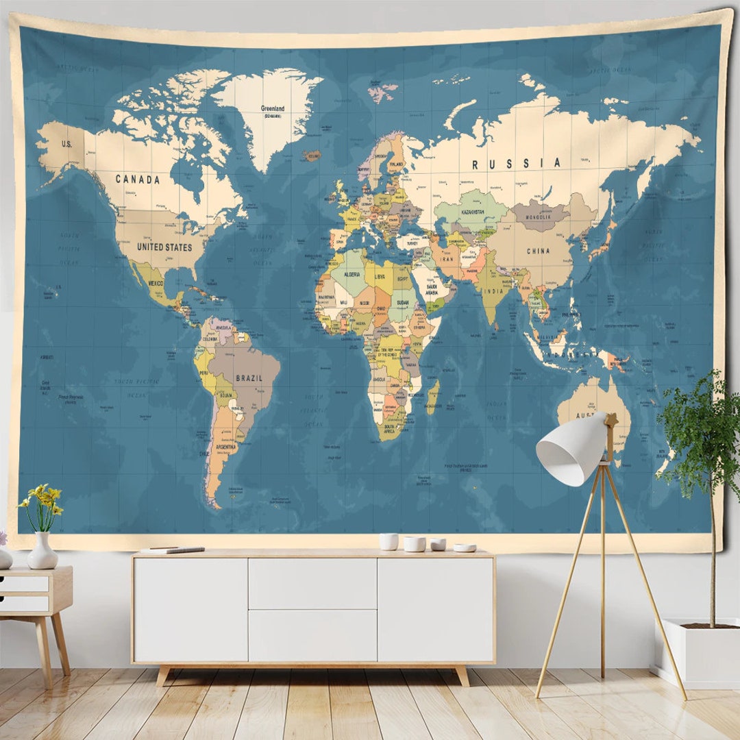 Blue Ocean World Map Wall Tapestry Map of the World Wall Hanging ...