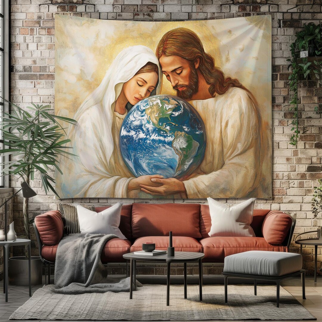 Jesus Christ Tapestry Sacred Earth and Divine Love Wall Hanging - Religious Art Tapestries ...