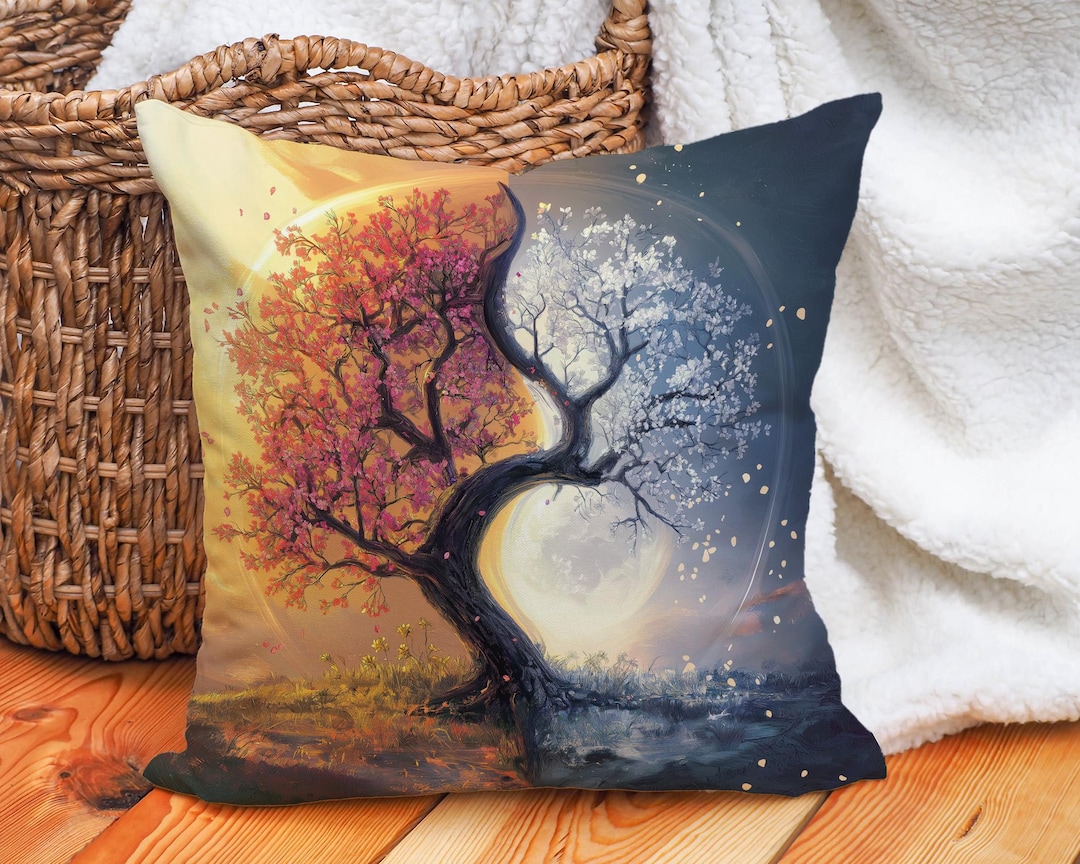 Yin Yang Tree of Life Throw Pillow – Dual Seasons Art Cushion With ...