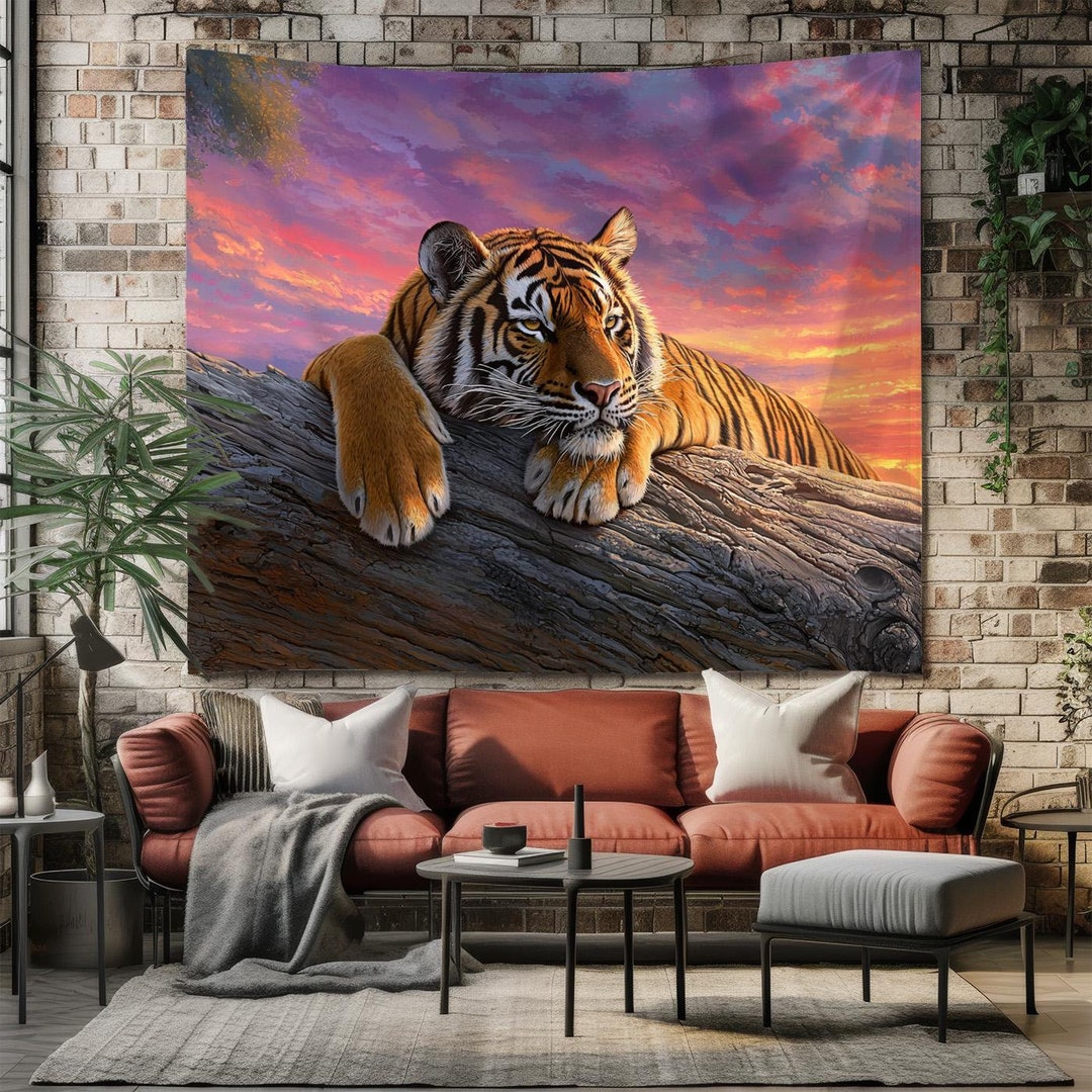 Majestic Tiger Tapestry, Sunset Jungle Wall Hanging Art, Vibrant ...