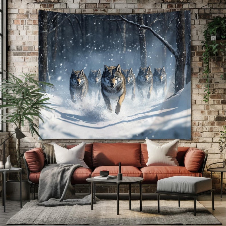 Wolf Pack Tapestry, Running Wolves in Snow Wall Hanging Art, Winter ...