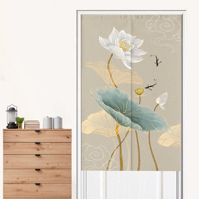 Noren Japanese Door Curtain Koi Fish, Lotus Flower Doorway Curtain Room ...