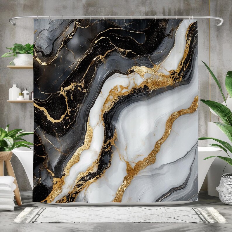 Black Gold Marble Shower Curtain, Waterproof Fabric Bath Curtain, Luxury Bathroom Decor Modern ...
