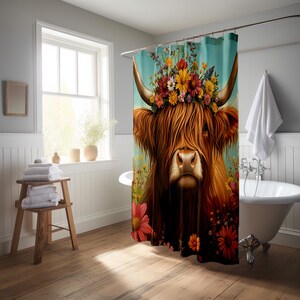 Highland Cow Shower Curtain – Floral Crown, Waterproof Fabric Bath ...