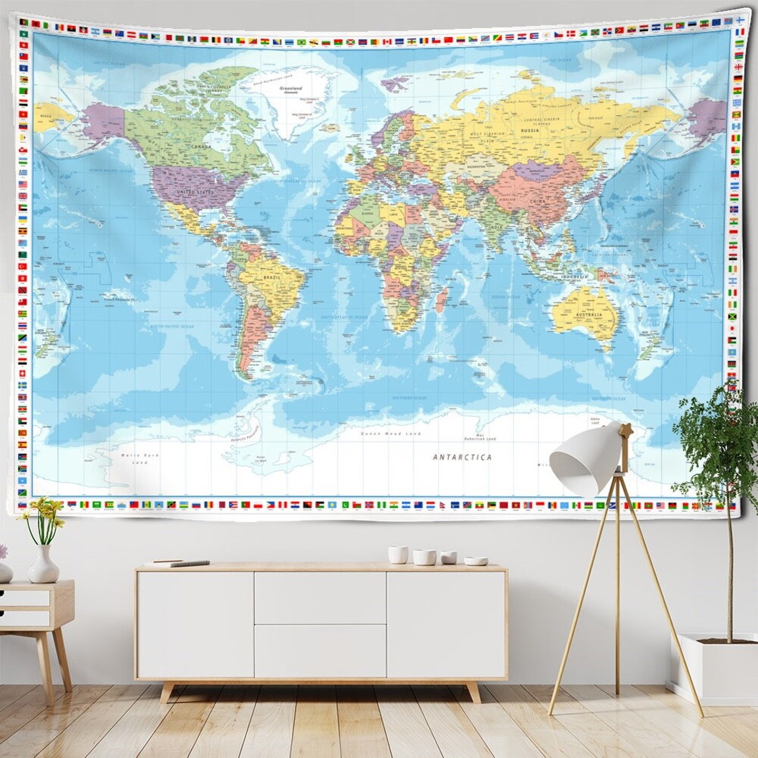 World Map Wall Tapestry Map With World Countries Flags Wall Hanging ...