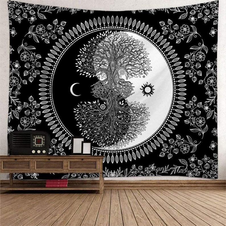 Tree of Life Tapestry Yin Yang Tapestry Sun Moon Wall Tapestry Black ...