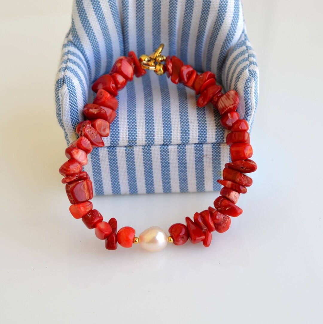 Red Coral Bracelet Coral and Freshwater Pearl Bracelet Coral - Etsy