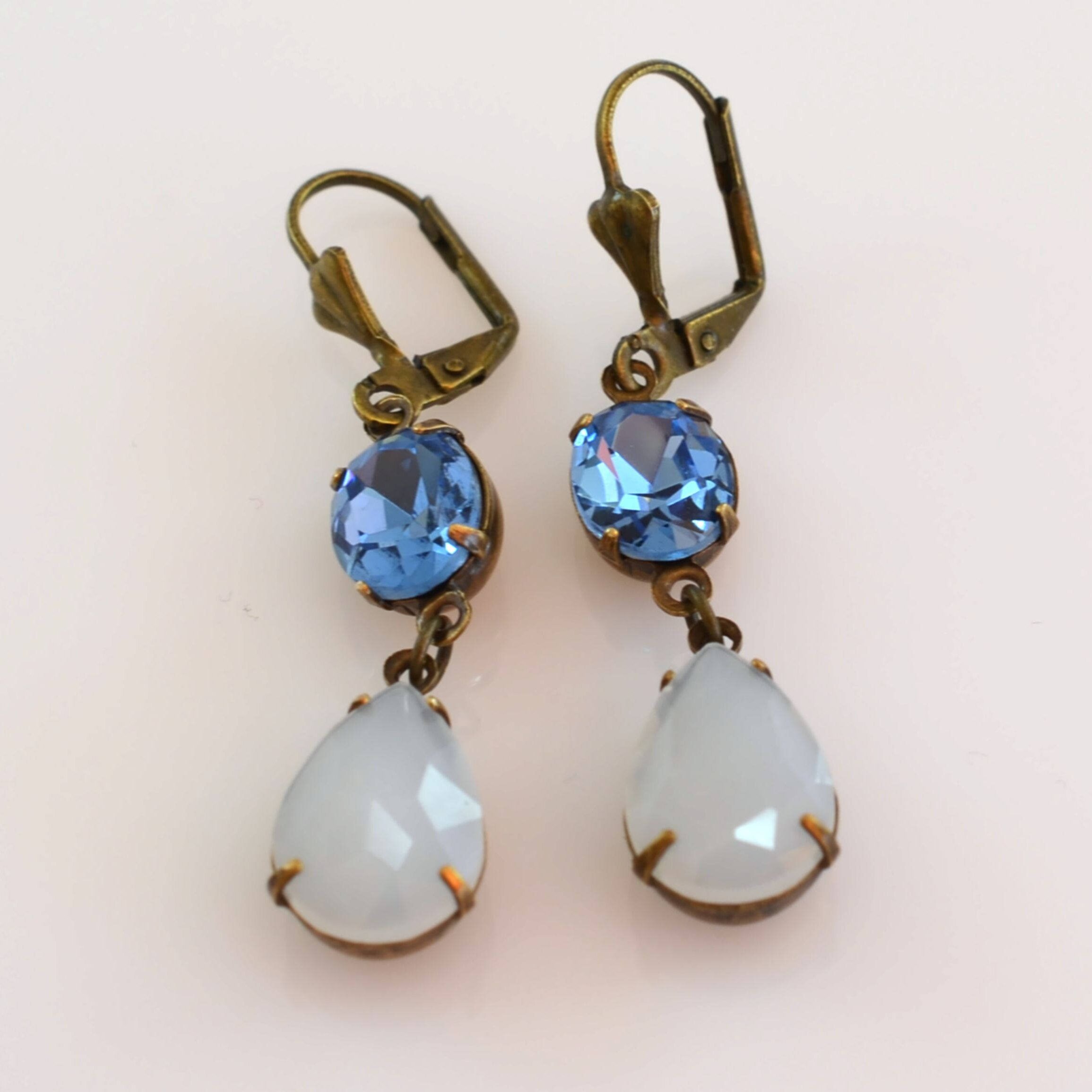 White Blue Rhinestone Earrings Opal Crystal Glass Earrings | Etsy