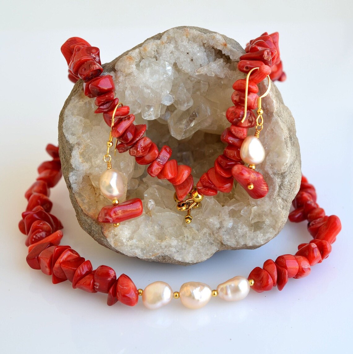 Red Coral and Pearl Necklace Coral and Pearl Earrings Coral - Etsy