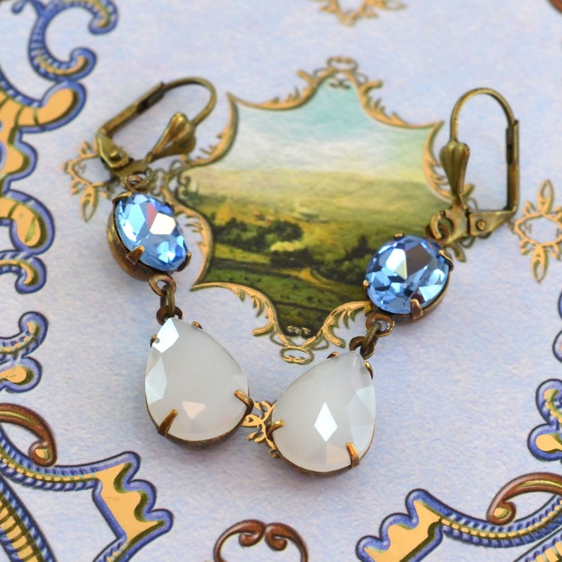 White Blue Rhinestone Earrings Opal Crystal Glass Earrings | Etsy