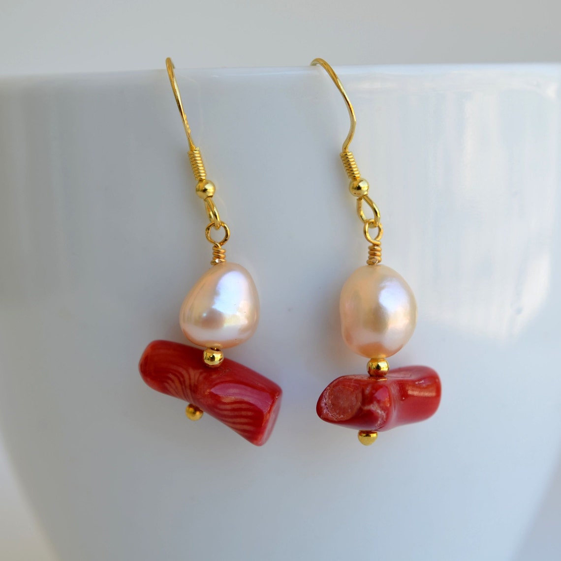 Red Coral and Pearl Necklace, Coral and Pearl Earrings, Coral Chips ...