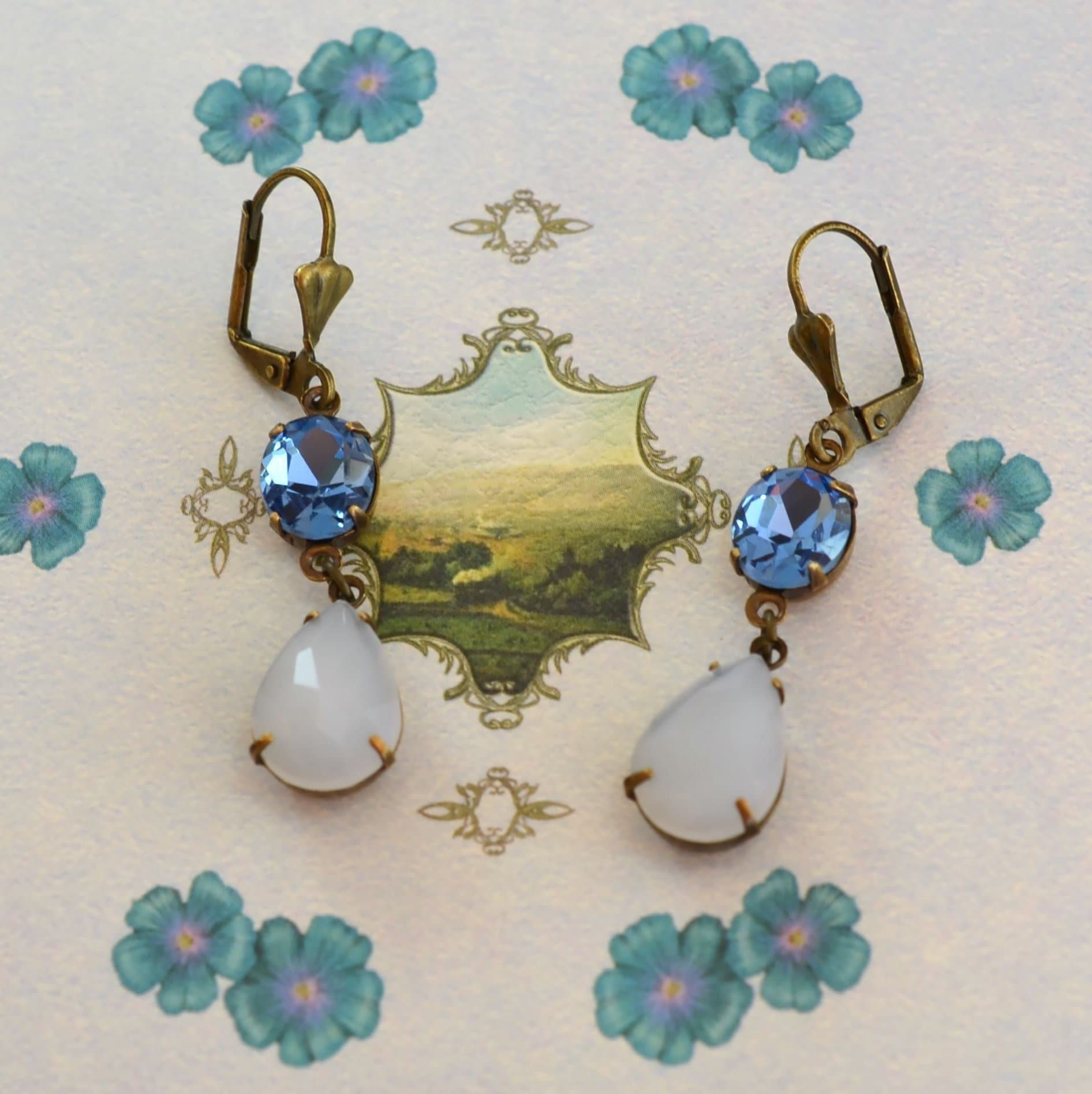 White Blue Rhinestone Earrings Opal Crystal Glass Earrings | Etsy