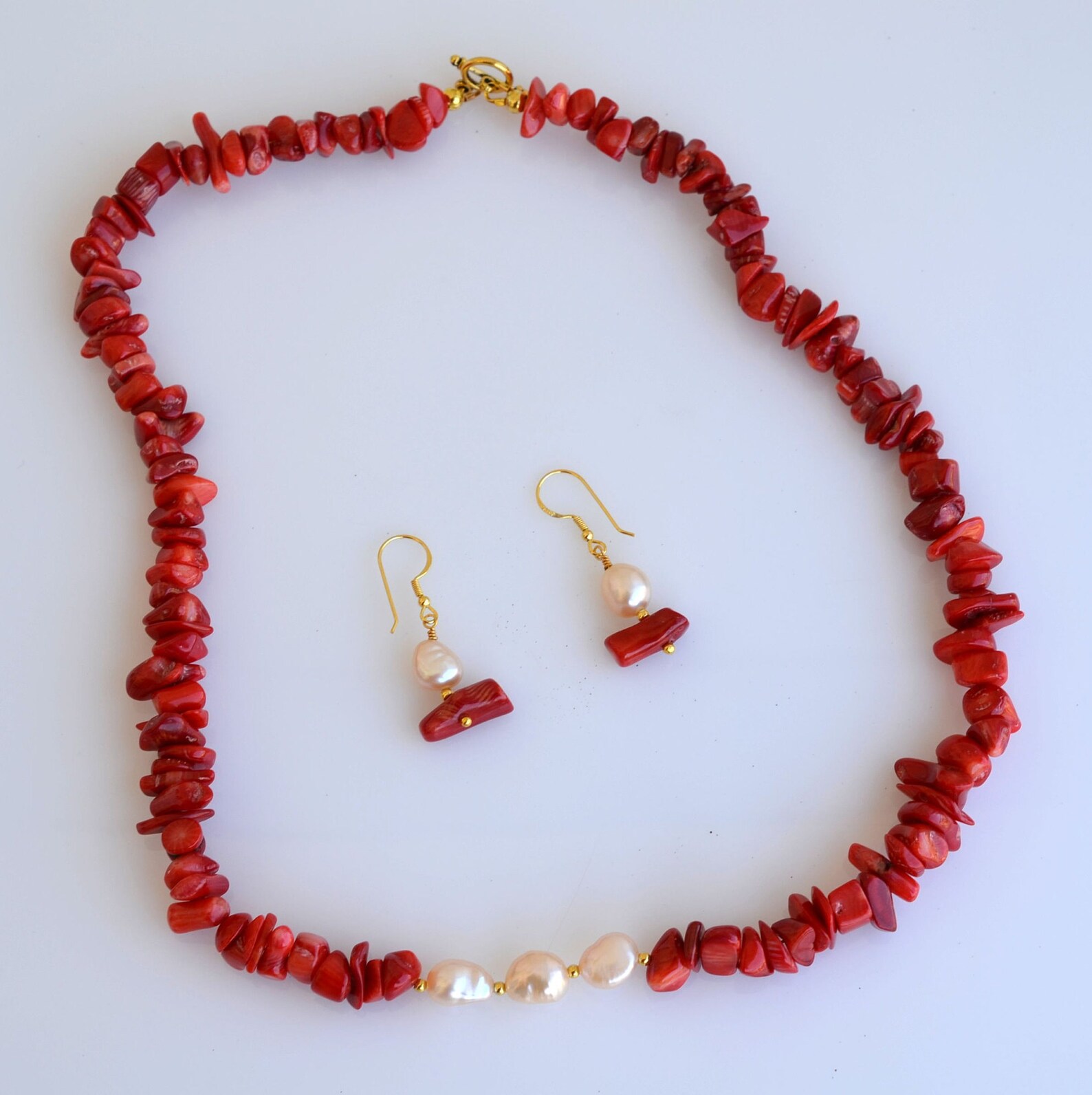 Red Coral and Pearl Necklace, Coral and Pearl Earrings, Coral Chips ...