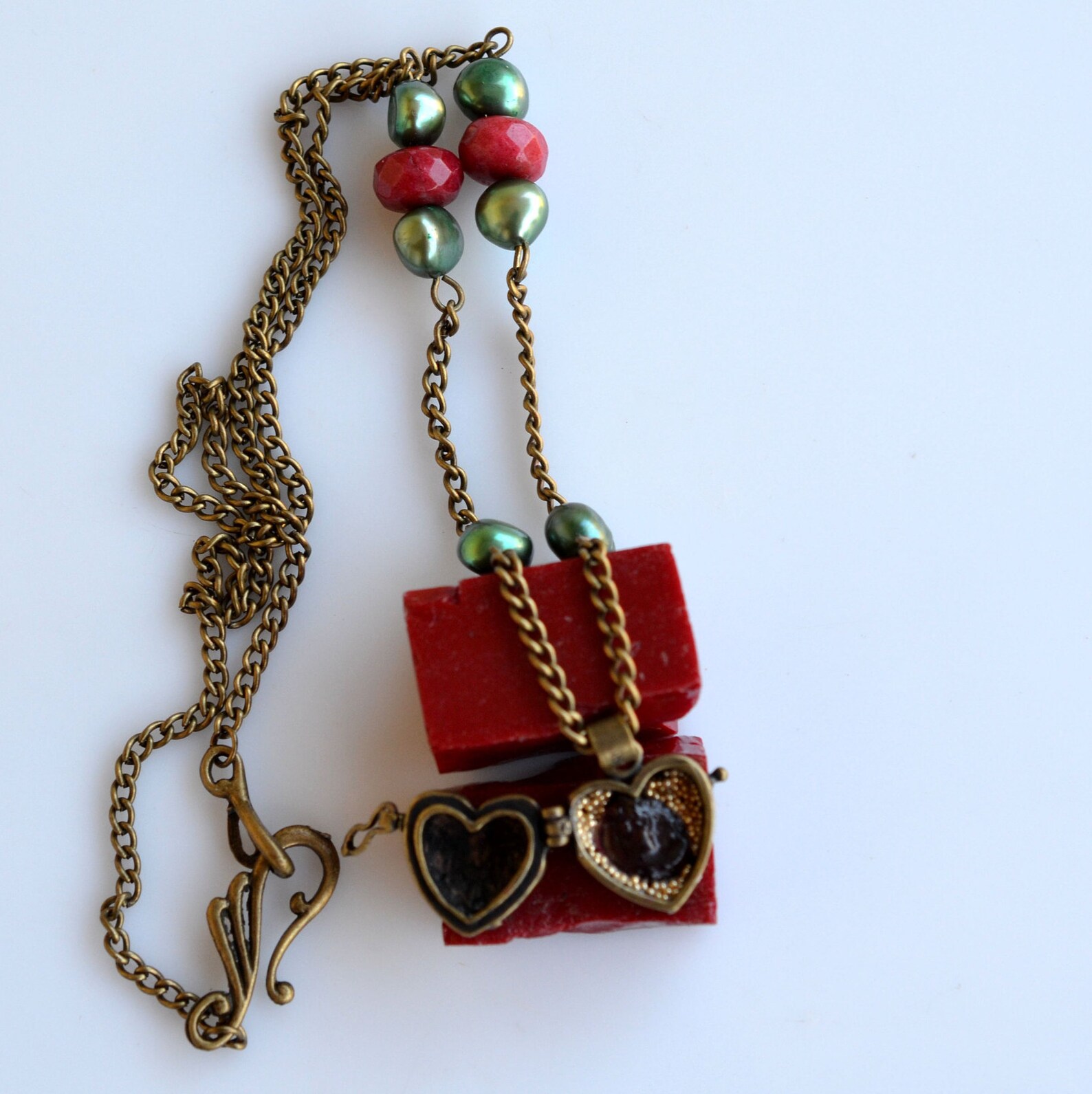 Raw Ruby Pendant, Ruby Pearl Necklace, Antique Bronze Locket Pendant ...