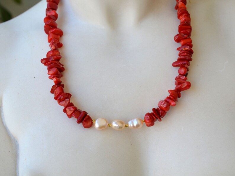 Red Coral and Pearl Necklace, Coral and Pearl Earrings, Coral Chips ...