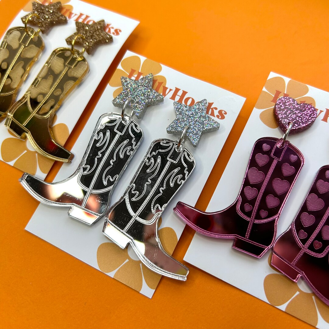 Cowboy Cowgirl Patterned Mirror Boots Lasercut Earrings - Etsy