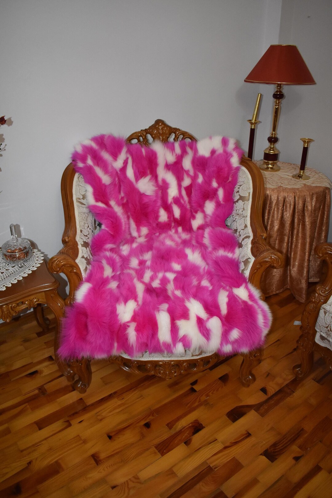 Luxurious Fox Fur Throw Blanket | Fox Fur Rug | Pink -white Fur Blanket ...