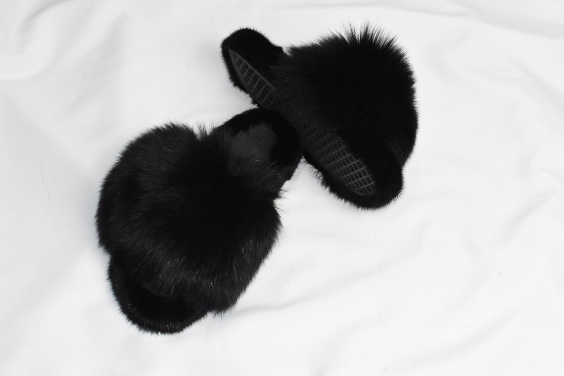 Mink Fur Slides | Black Fur Slides | Mink and Fox Fur Slide | Luxury ...