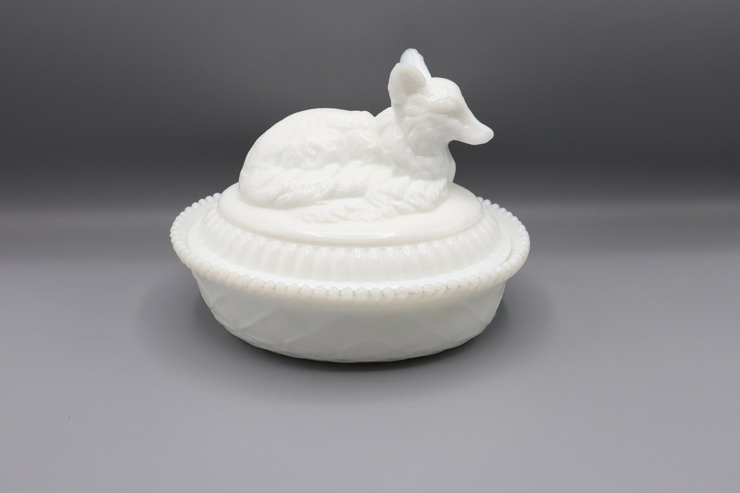 Rare Milk Glass Nesting Fox Fox on Nest Resting Glass Fox Serving Bowl ...