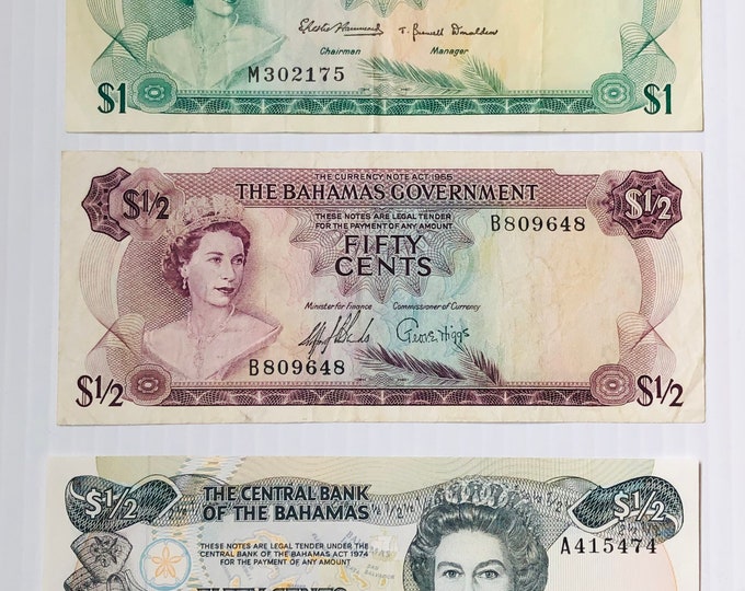Bahamas Lot of 3 Banknotes 1960s 1990s Queen Elizabeth 2, Colorful ...