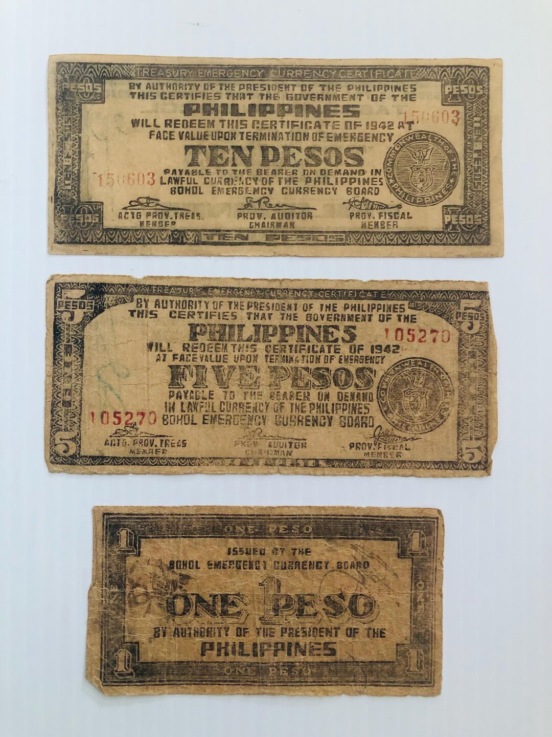 Philippines 10, 5, 1 Peso 1940s World War 2 Guerrilla Pre-independence ...