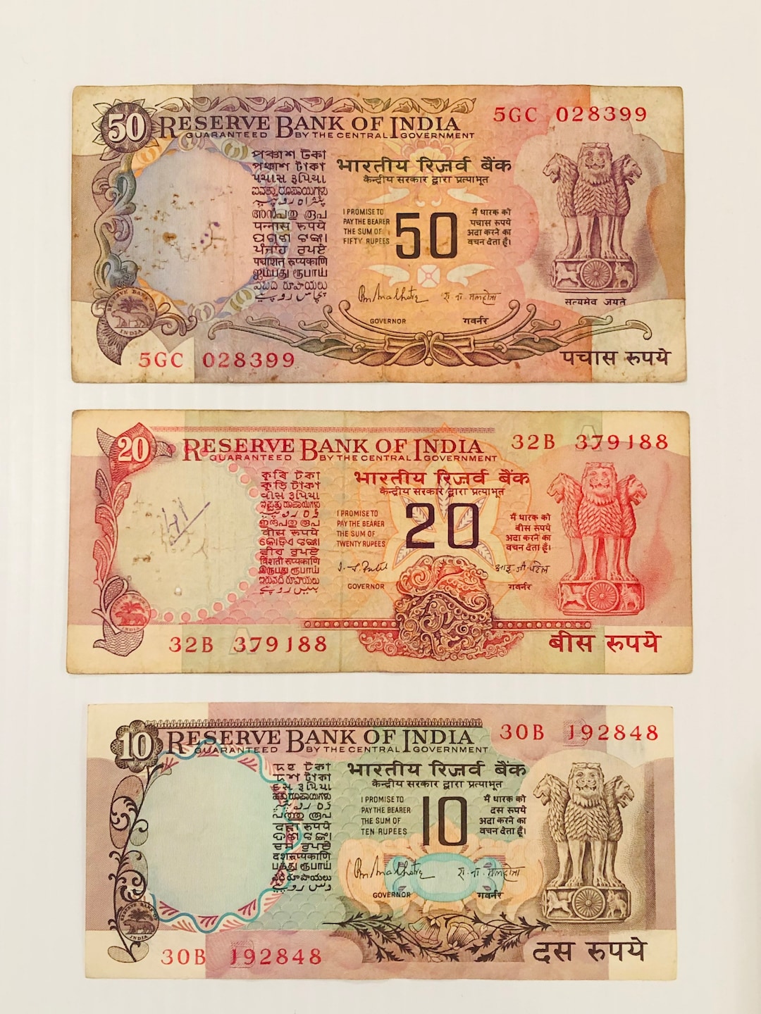 India 50, 20, 10 Rupees 1970s-1990s Lot of 3 Old Vintage Colorful Notes ...