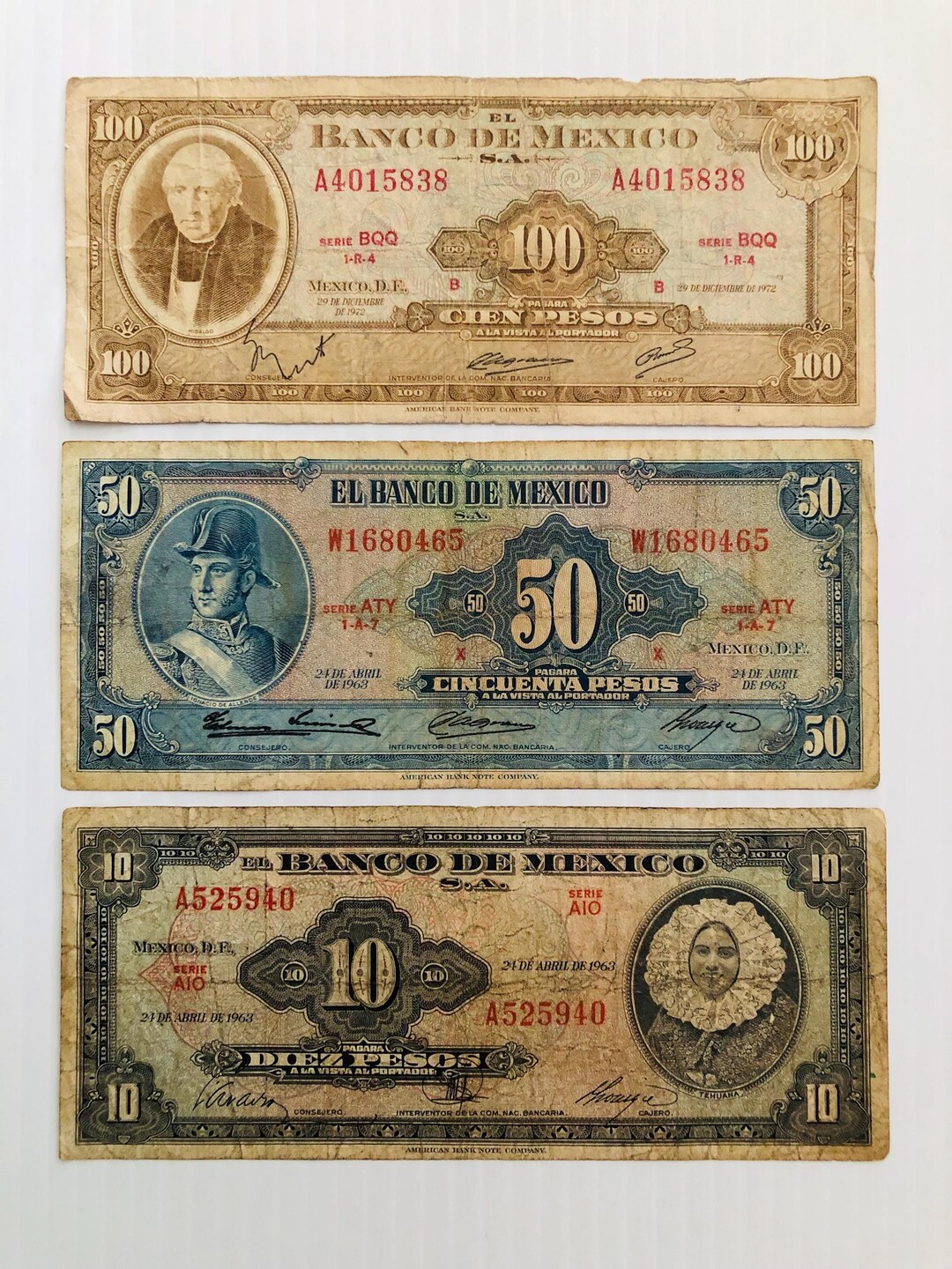 Mexico 100, 50, 10 Pesos 1960s-1970s Lot of 3 Vintage Banknotes - Etsy