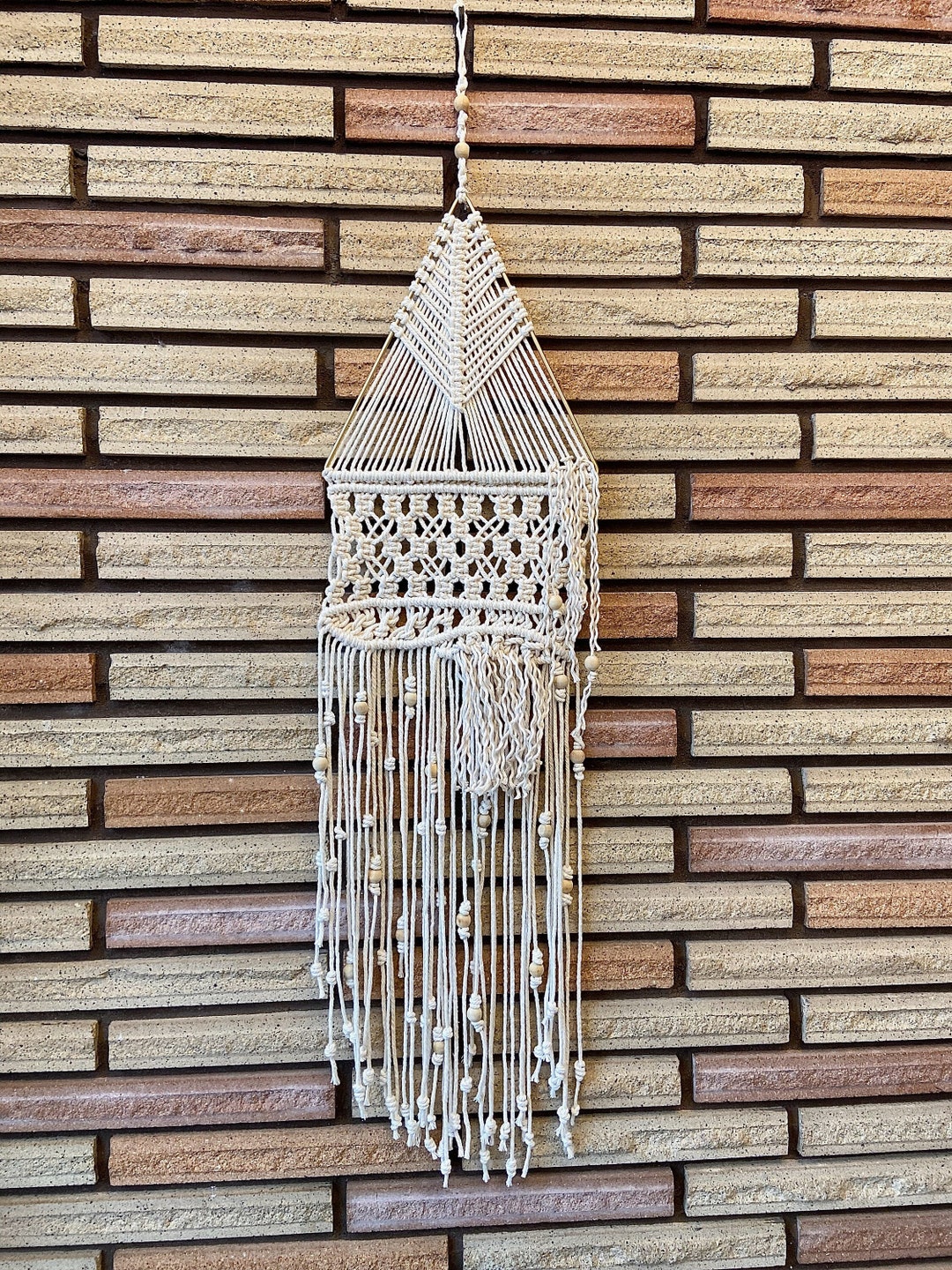 Triangle Frame Fishbone Pattern Macrame Wall Hanging, Neutral Cotton ...