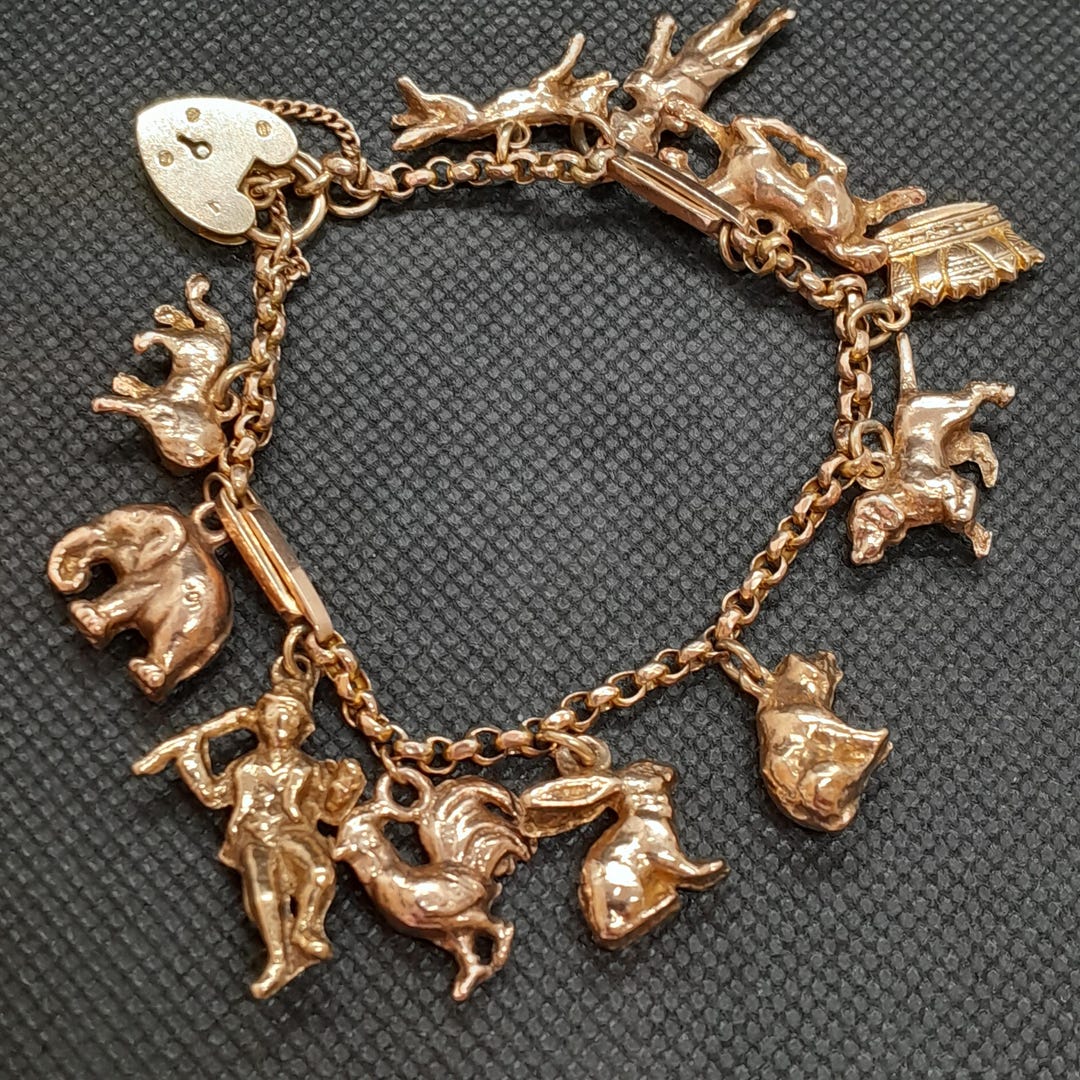 Vintage 9ct Gold Charm Bracelet, 11 Charms, Padlock Clasp, 43.6g - Etsy