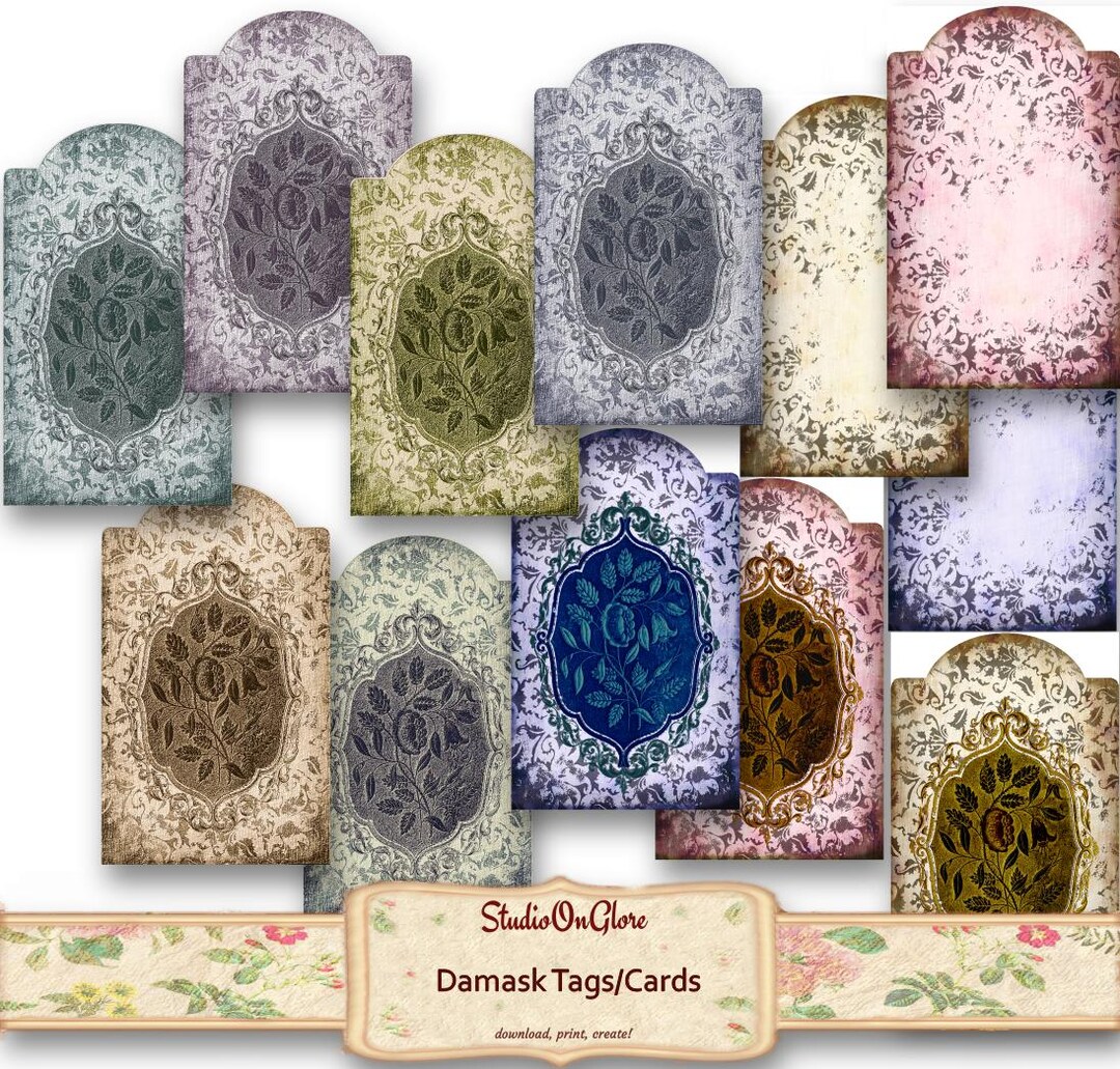 12 DAMASK Tags | Printable Vintage Cards | Digital Collage Sheets ...