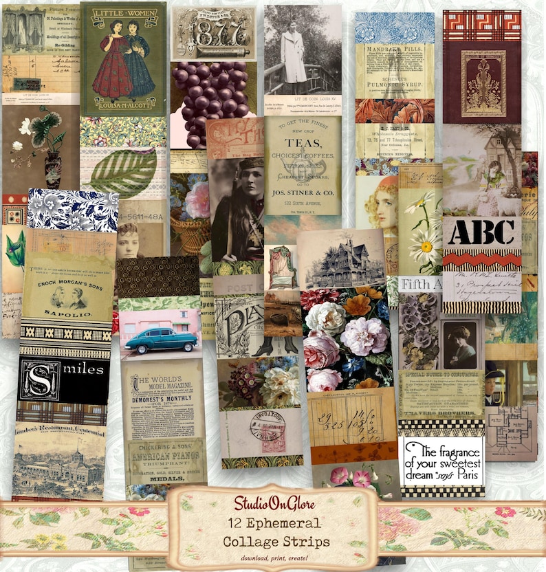 Vintage Ephemera Collage Strips: Junk Journal Embellishments (digital ...