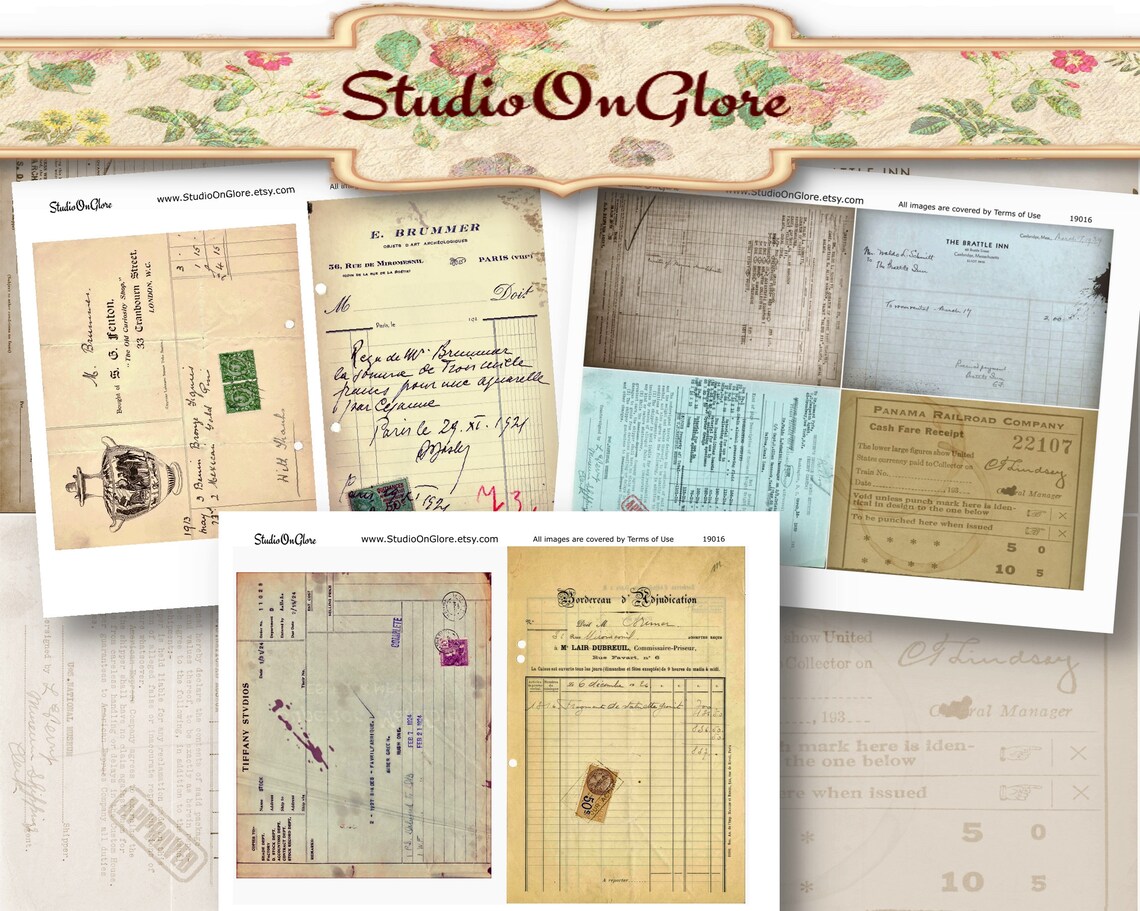 8 Vintage Receipts - Printable Collage Sheets, Handwritten Invoice ...